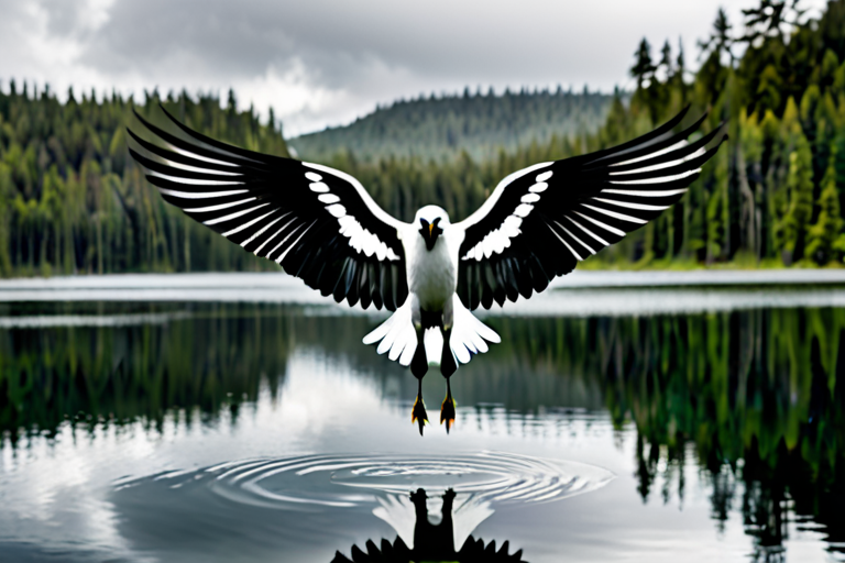 white and black humanoid bird levitating vertically with wings closed ...