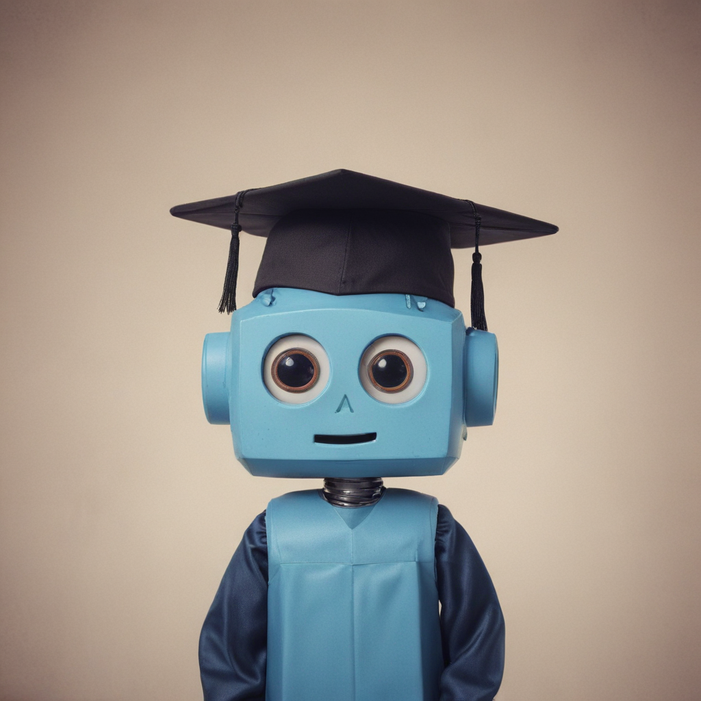 confused robot with a graduation cap and gown