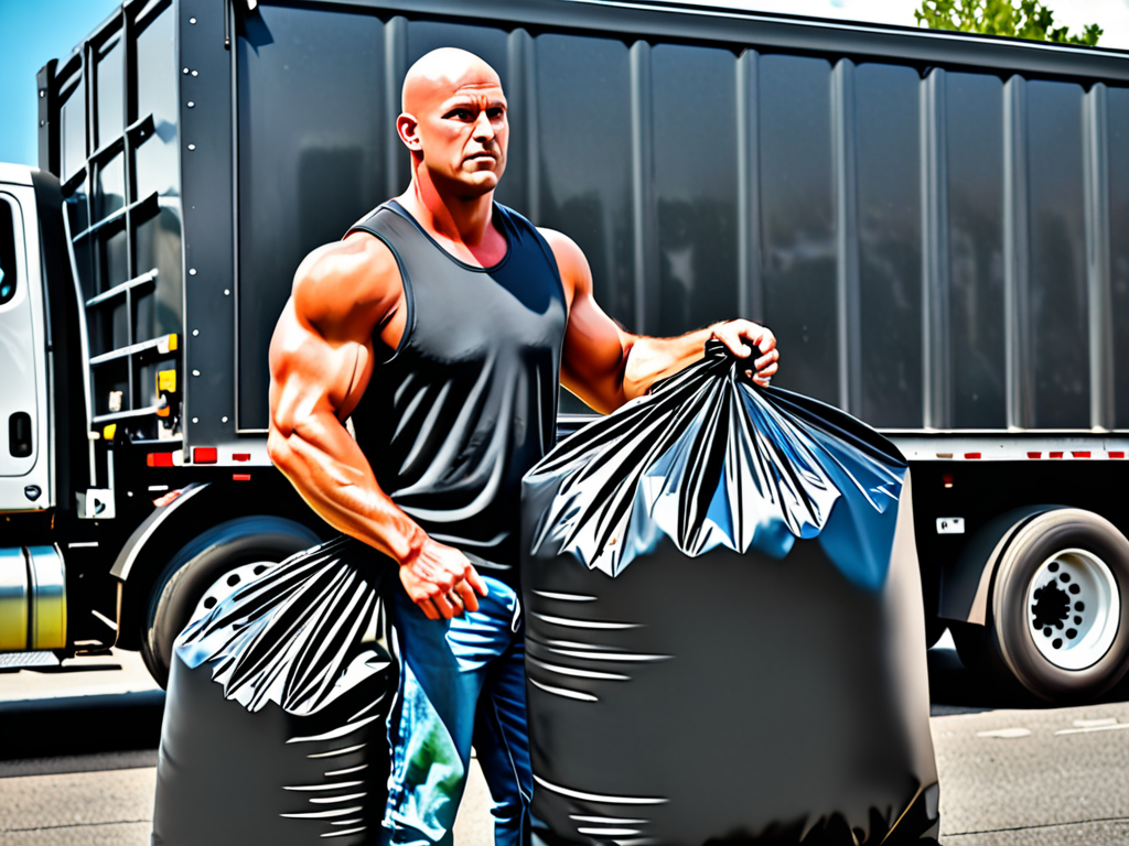 realistic handsome bald muscular garbagemen side view carrying black ...