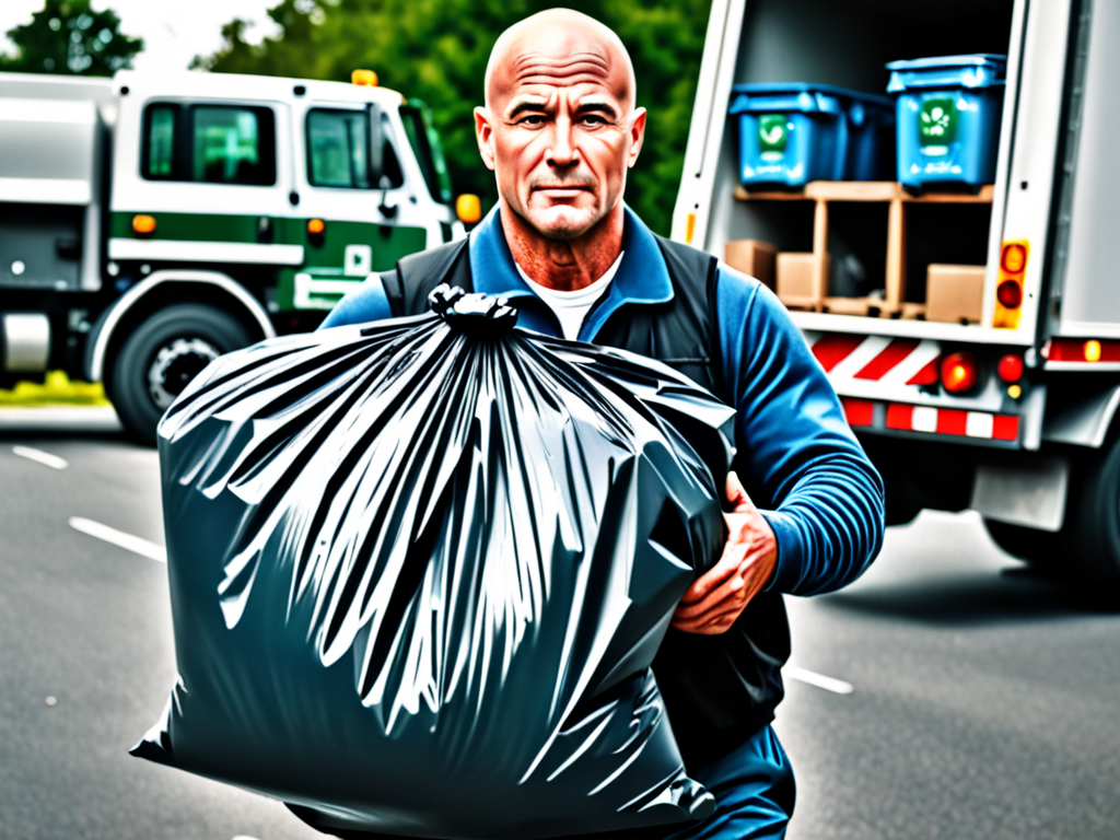 realistic handsome bald older muscular garbagemen from behind carrying ...