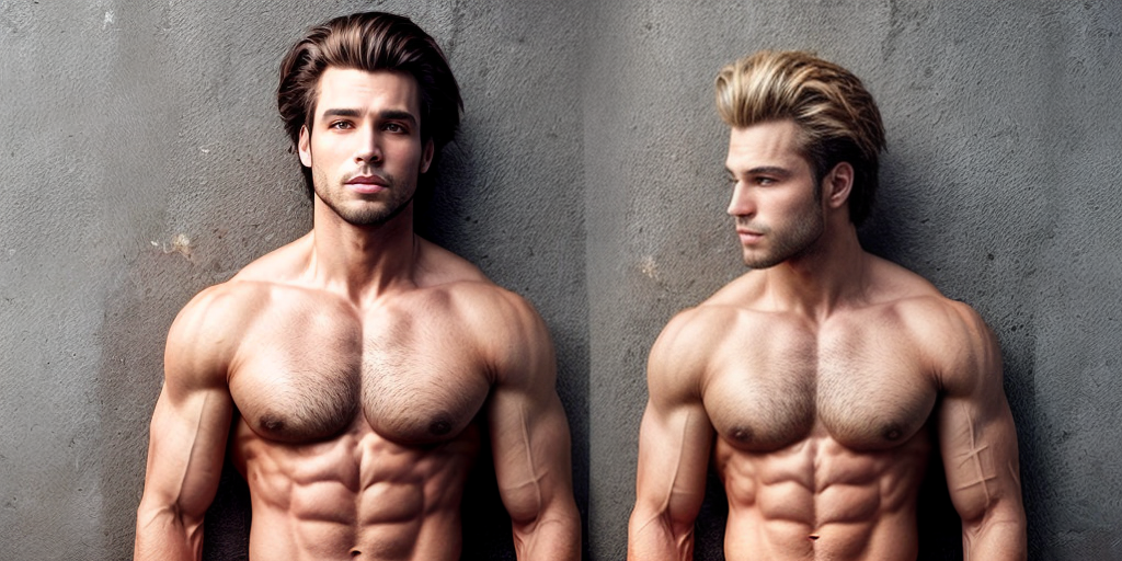 Um homem, alto, com cabelo loiro e mexas roxas, muito bonito, fisico ...