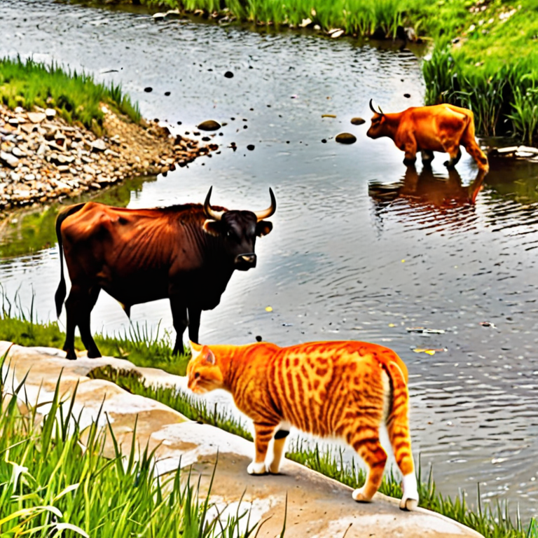 Brown ox looking down at a orange cat. There is a mouse beside the cat ...