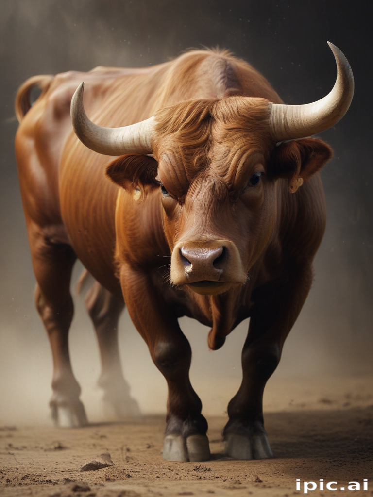 A Majestic Brown Bull Stands Proudly in a Dusty Environment.