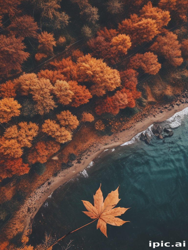 Stunning Aerial View of Autumn Foliage by the Serene Shoreline
