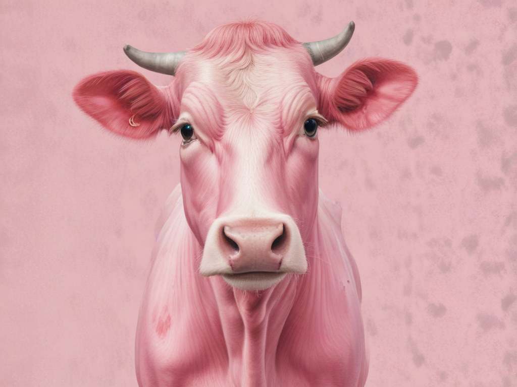 A Whimsical Pink Cow Staring Playfully Against a Soft Pink Background