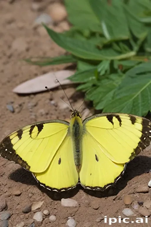 Vibrant Yellow Butterfly Resting on Earth Surrounded by Green Leaves