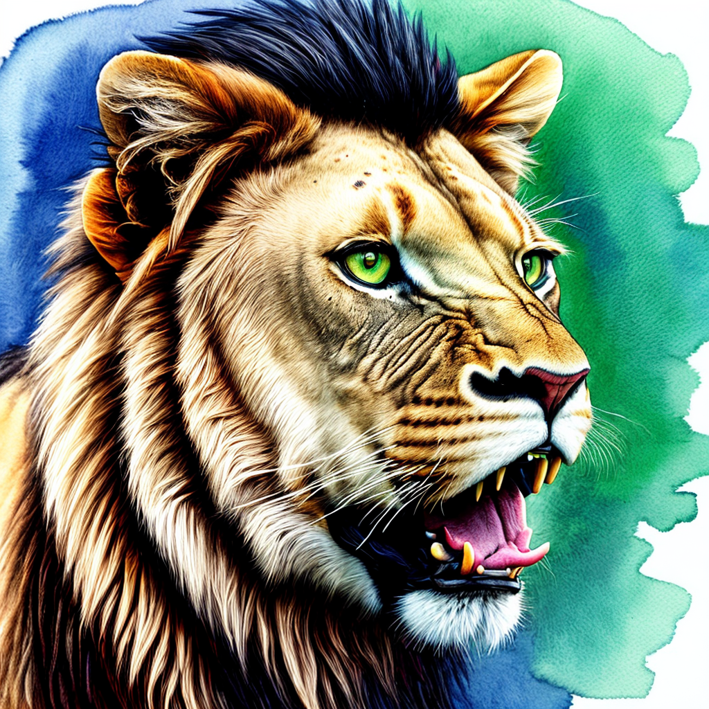 The head of a male lion, blue-green dark tones, watercolor style