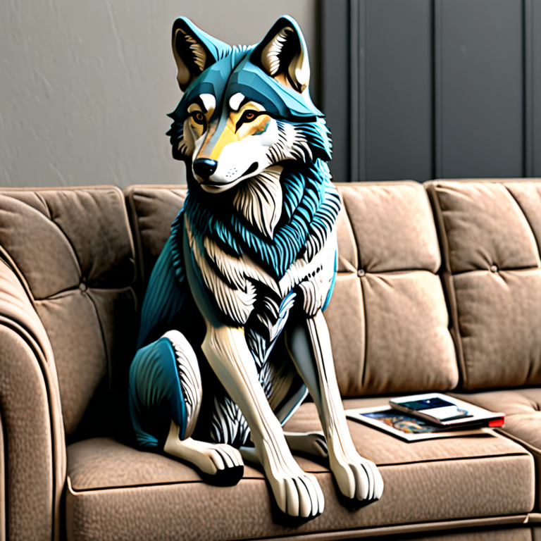 realistic anthro wolf sitting on a couch
