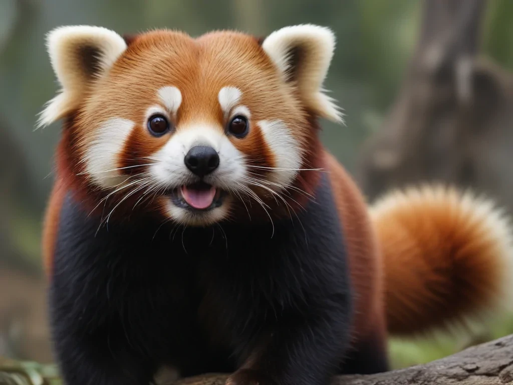 A Playful Red Panda Smiling Cheerfully in Its Natural Habitat.