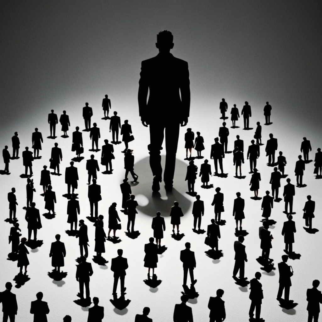 a hoard of shadow people in various shades of grey surrounding a shadow ...