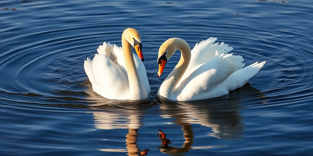 Two Majestic Swans Gracefully Gliding Together on Calm Blue Waters