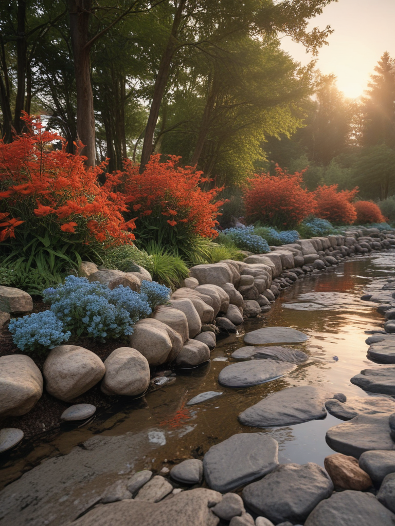 Tranquil Streamside Scene with Vibrant Flowers and Smooth Pebble Pathway