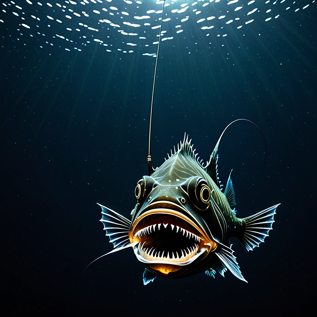 angler fish illuminated by it's lure swimming towards viewer out of ...