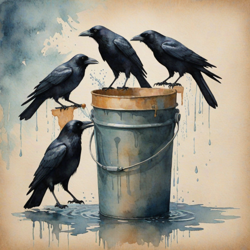 Three Crows Ingeniously Using Buckets to Retrieve Water from a Bucket