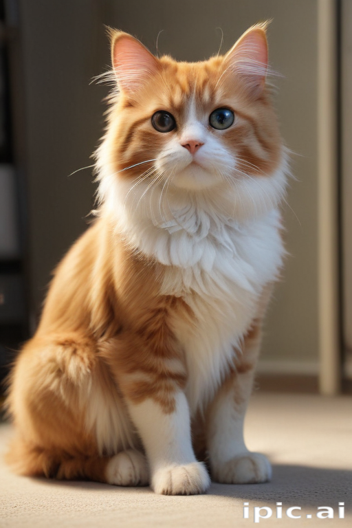 A Fluffy Ginger Cat with Striking Features Sitting Gracefully indoors