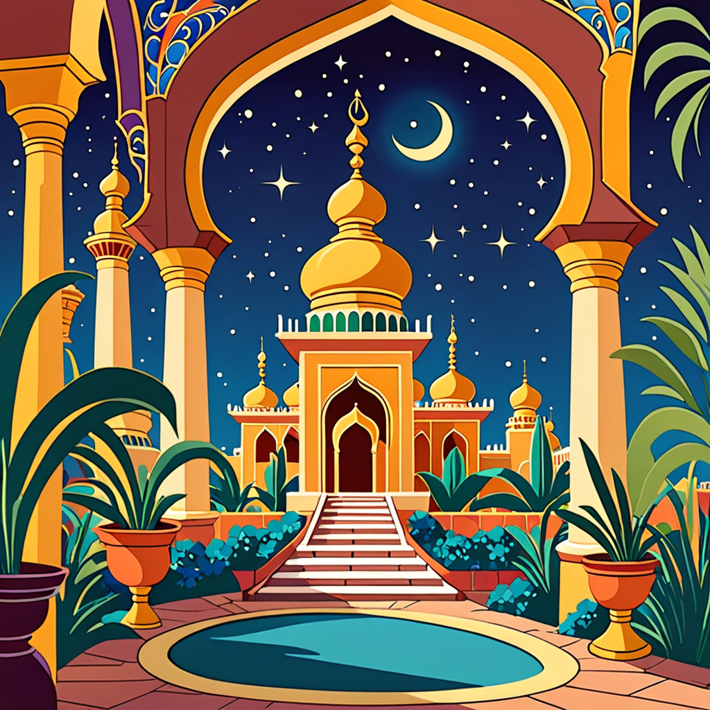 Garden of the Sultan of Agrabah from the cartoon Aladdin. Night. Flat ...