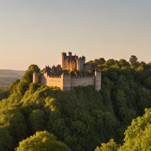 Majestic Castle Nestled Among Lush Green Hills at Sunset