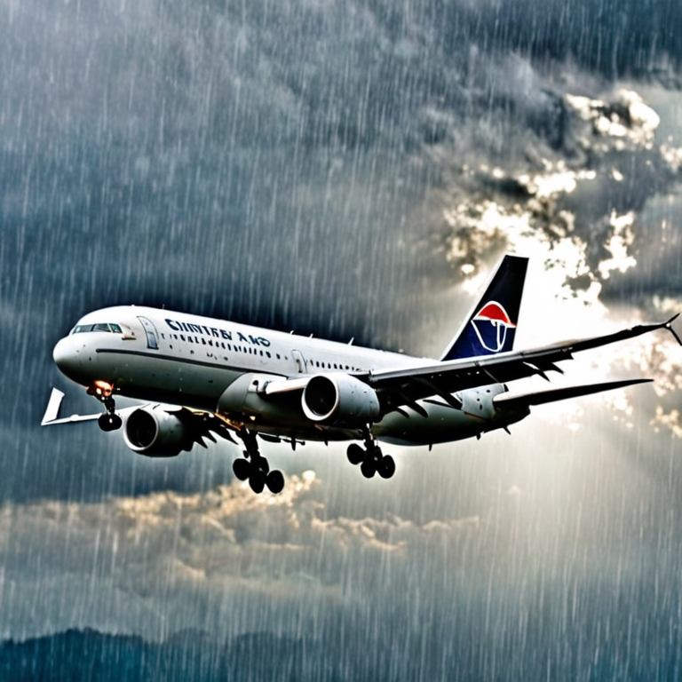 Airplane flying in the middle of the rain flying towards the sunlight