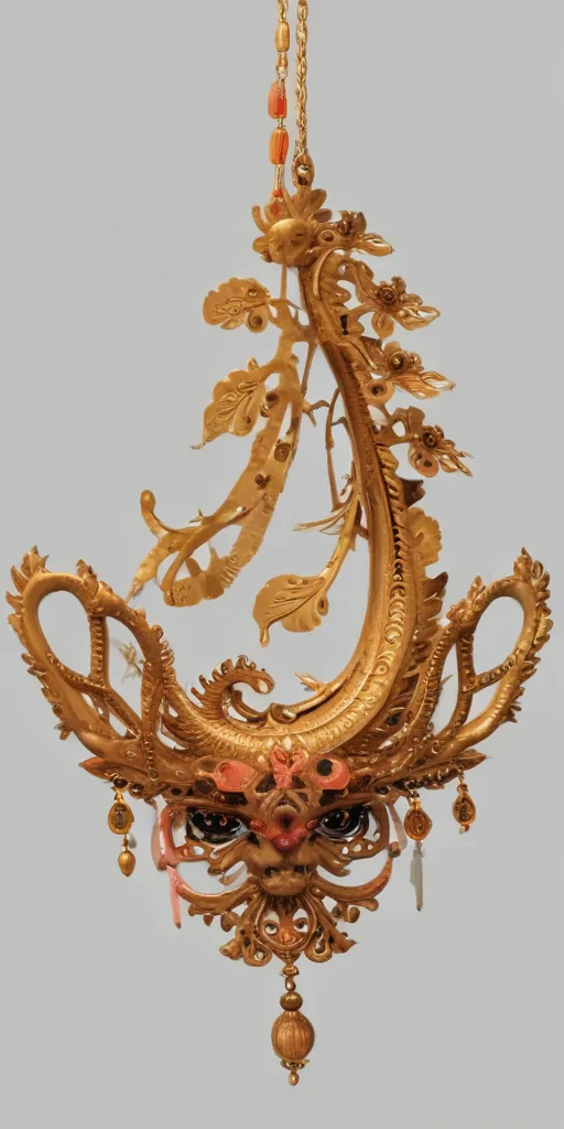 Intricately Designed Golden Ornament Featuring Floral and Animal Motifs