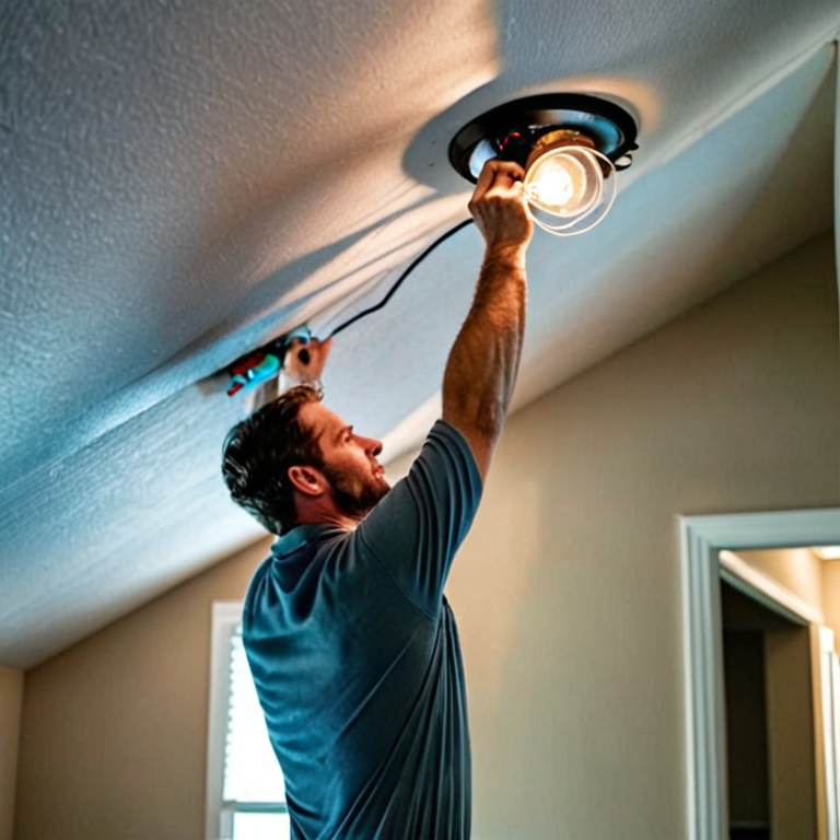 A male electrician working installing lights in a house attic in Florida.