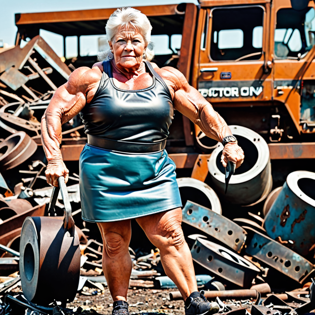 A very strong muscular elderly female very overweight bodybuilder in a ...