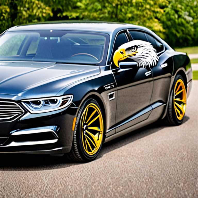 A robotic eagle larger than a car with a sports car in it's beak