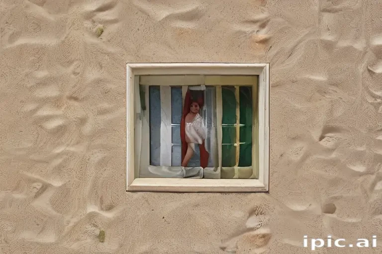Child Playfully Posing Behind a Window Surrounded by Sandy Textures