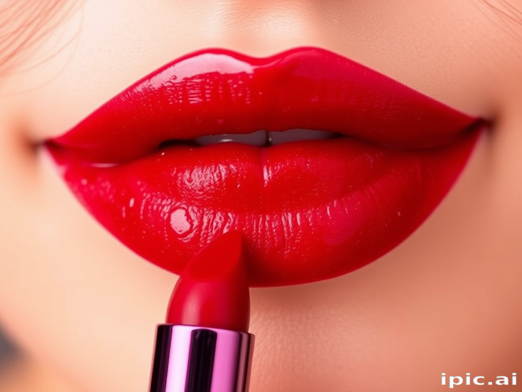 Vibrant Red Lipstick Application on Glossy Lips for Stunning Makeup Look