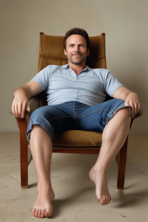 Charles Esten reclined in a chair with his bare feet propped up on a ...