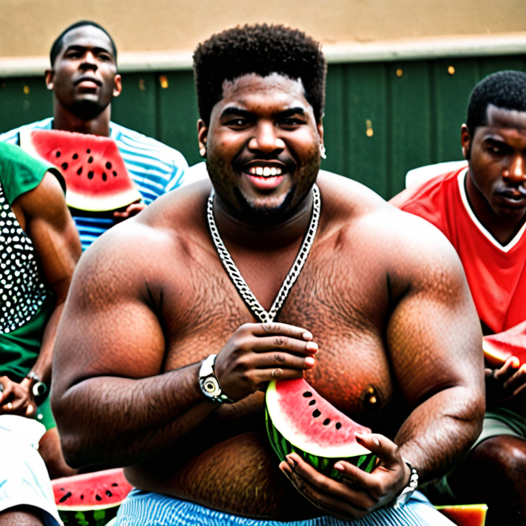 Really large black people eating watermelon