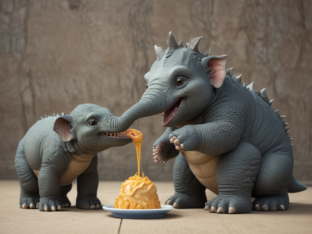 cute animated godzilla eating an elephant