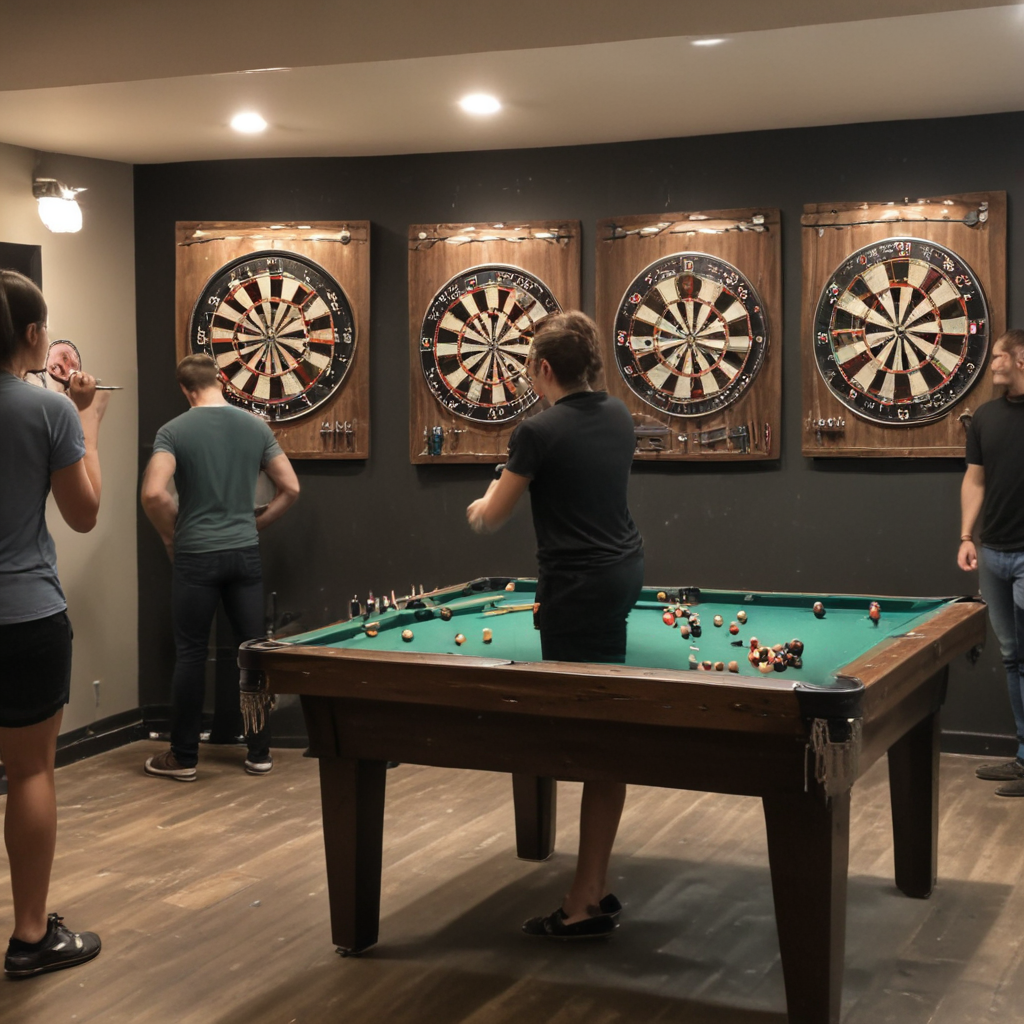 people playing darts and pool
