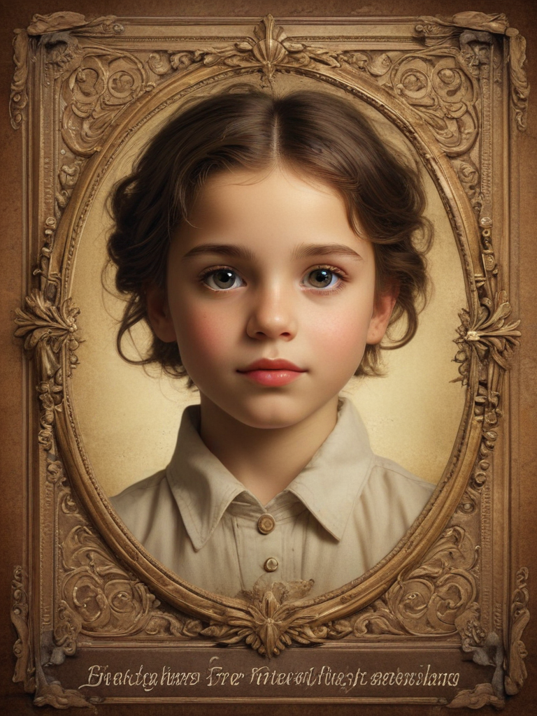 Portrait of a Young Girl Surrounded by Ornate Vintage Frame Design