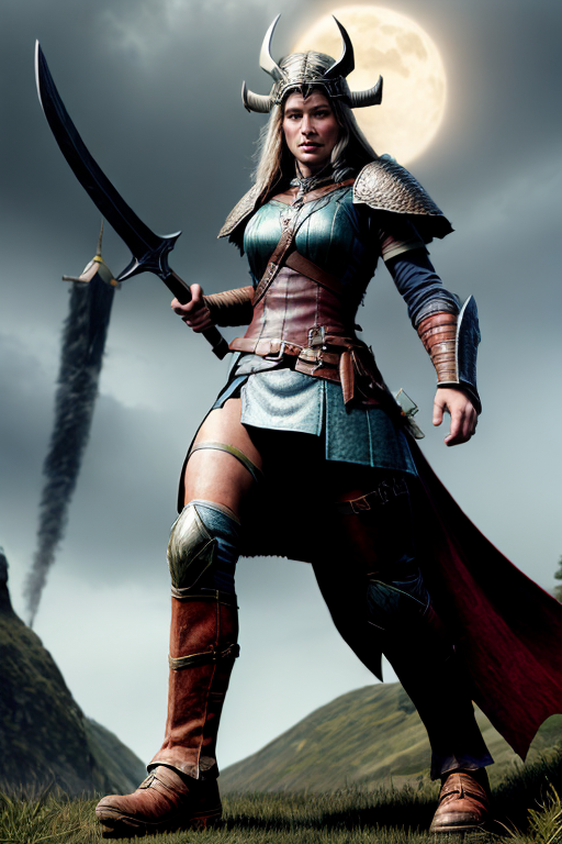 Realistic Women viking warrior with big sword fighting a dragon