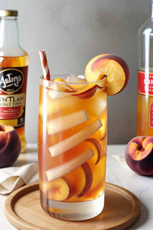 Refreshing Peach Iced Tea with Slices and a Striped Straw Garnish.
