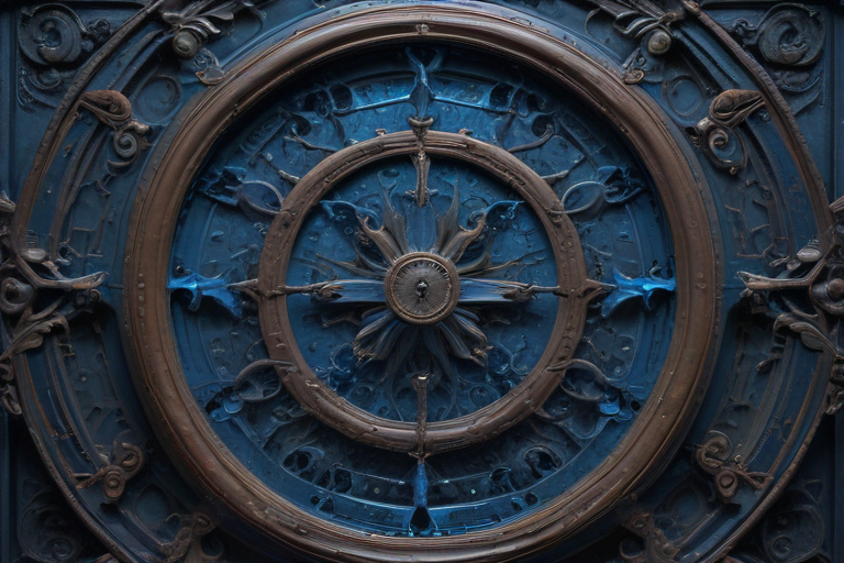 Intricate Blue and Bronze Decorative Design Featuring a Central Compass ...