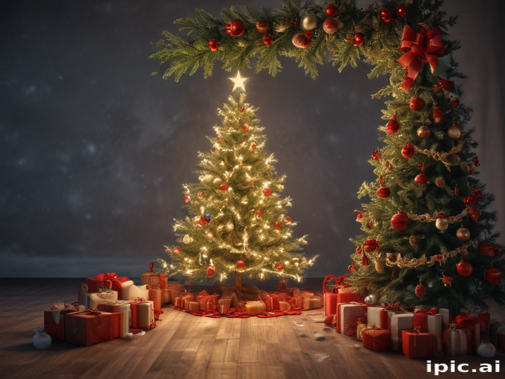 Festive Christmas Scene Featuring Two Beautifully Decorated Trees and Gifts
