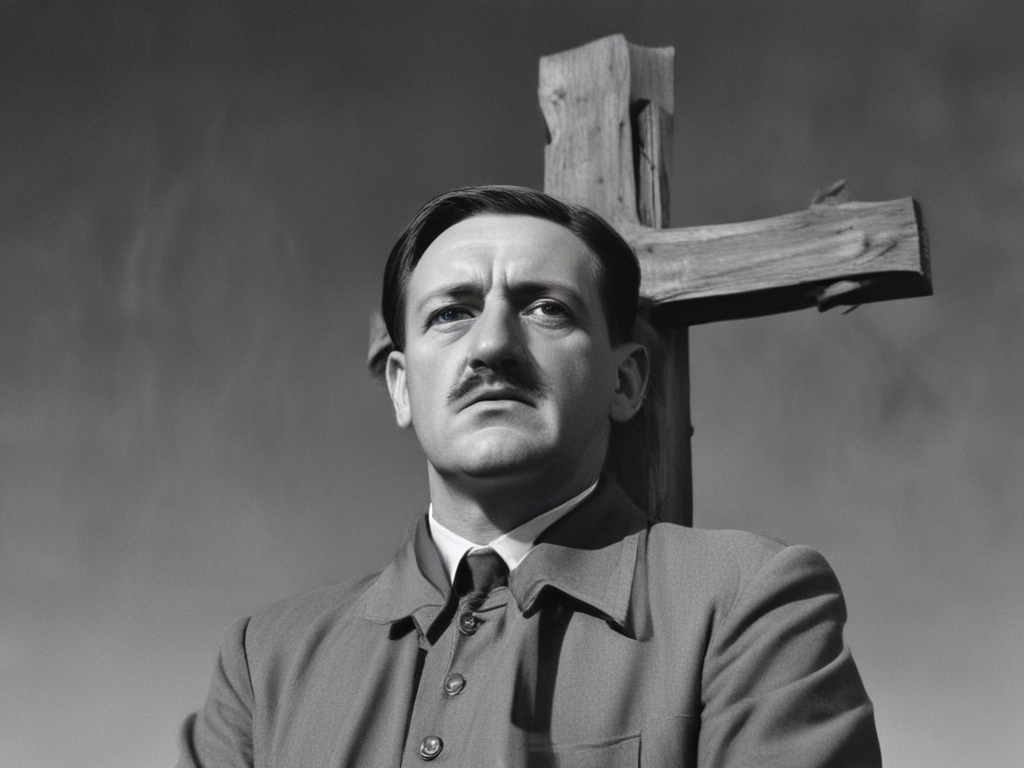 hitler fearfully holding/hiding behind cross. black and white photo