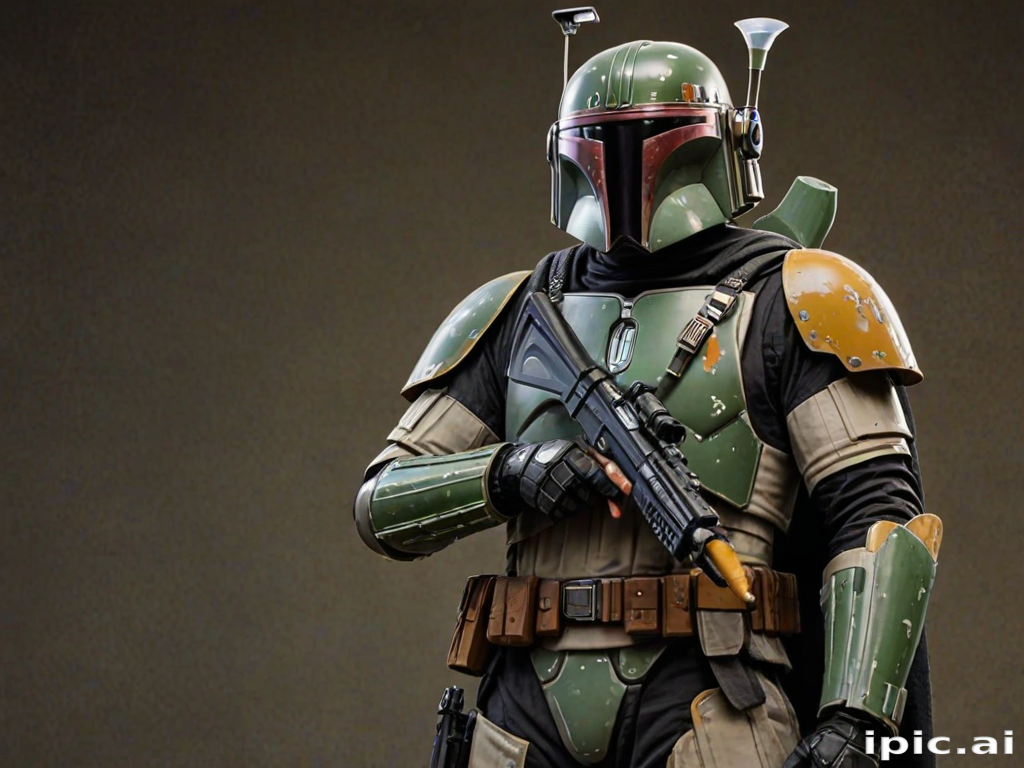 Iconic Bounty Hunter in Distinctive Green Armor with a Blaster Rifle