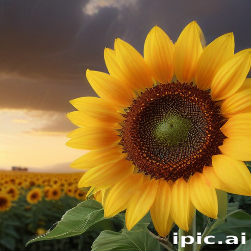 Vibrant Sunflower Standing Tall Against a Dramatic Sunset Sky Background