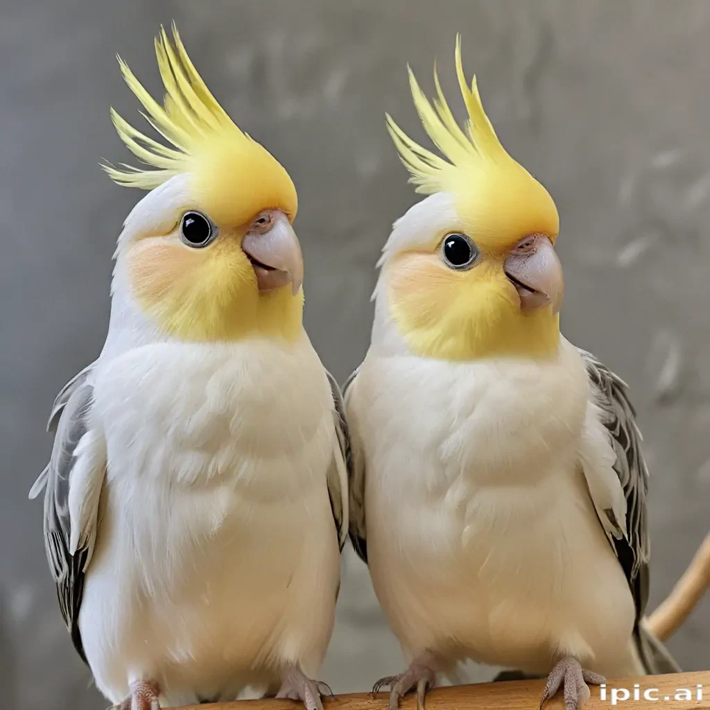 Two Adorable Cockatiels with Bright Yellow Crests Perched Together on a ...