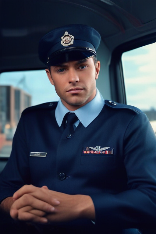 bus driver in a dark blue uniform suit with uniform peaked cap and a ...