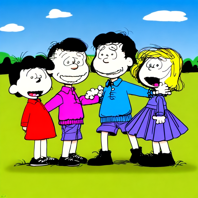 A cartoon drawing in the style of Peanuts of a rock and roll band.
