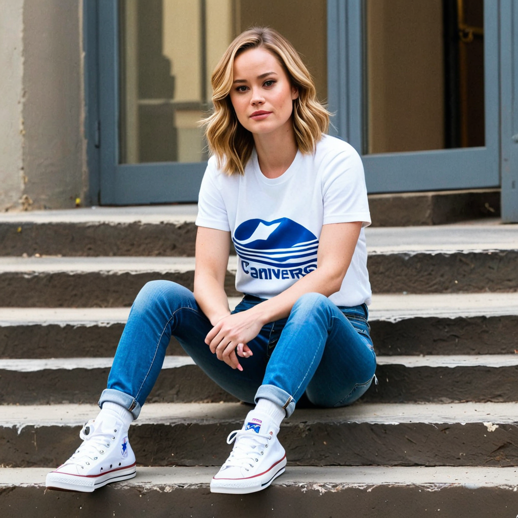 Mcu Brie Larson Carol Danvers Sitting in White Shirt, Blue Jeans, White ...