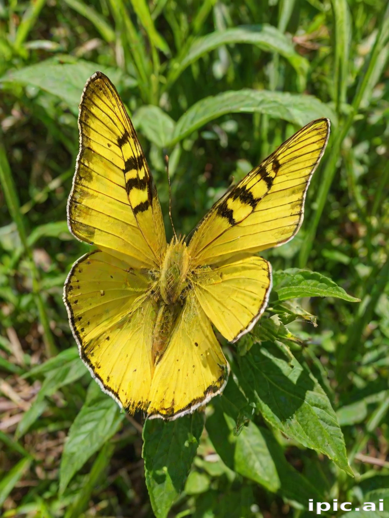 A Vibrant Yellow Butterfly Resting on Lush Green Leaves in Nature.