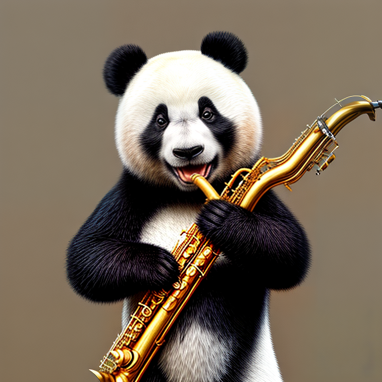 A panda playing the saxophone in the office
