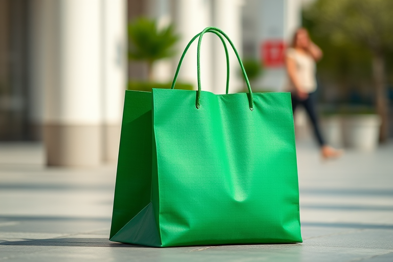 Create a high-resolution image of a green shopping bag, using a Canon ...