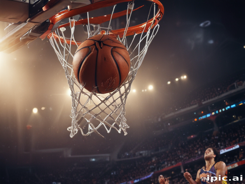 Thrilling Moment: Basketball Soars Through the Hoop in Dramatic Game Scene
