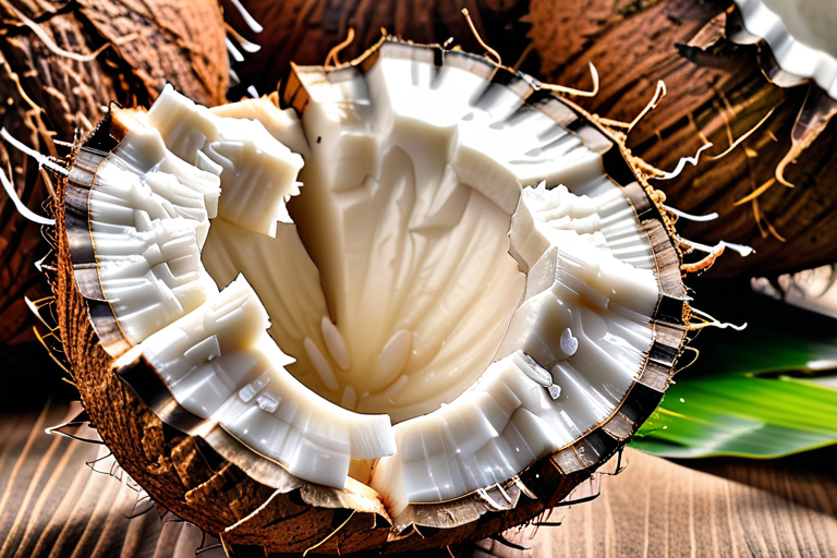 Freshly Cut Coconut Revealing Creamy White Flesh and Fibrous Shell