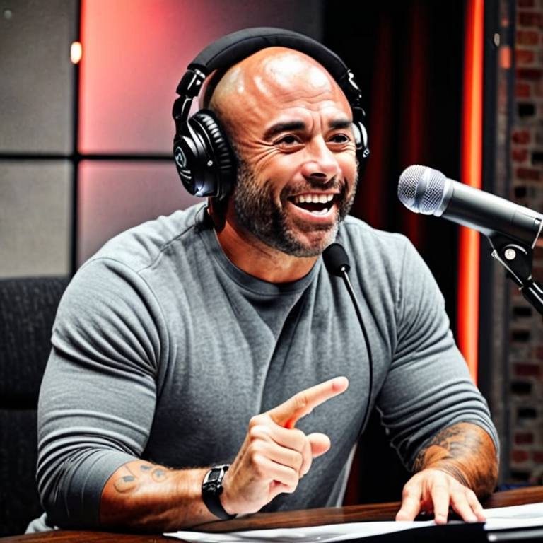 Joe Rogan is in his podcast studio, mid-sentence, pointing excitedly at ...